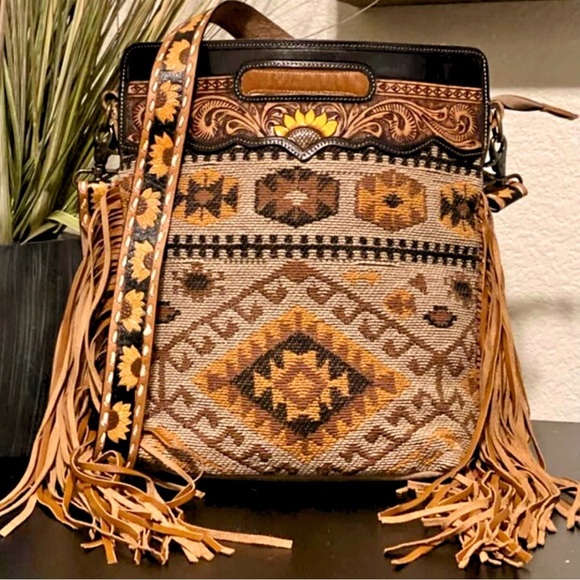 American Darling | Bags | Tooled Leather Sunflower Crossbody Saddle ...